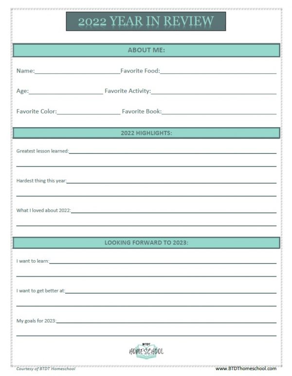 Free Year End Reflection - BTDT Homeschool
