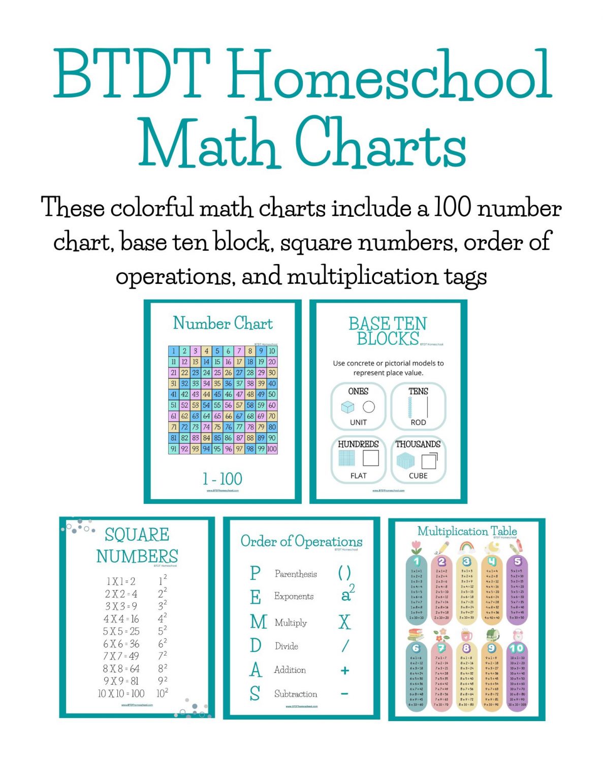 FREE Basic Math Charts - BTDT Homeschool